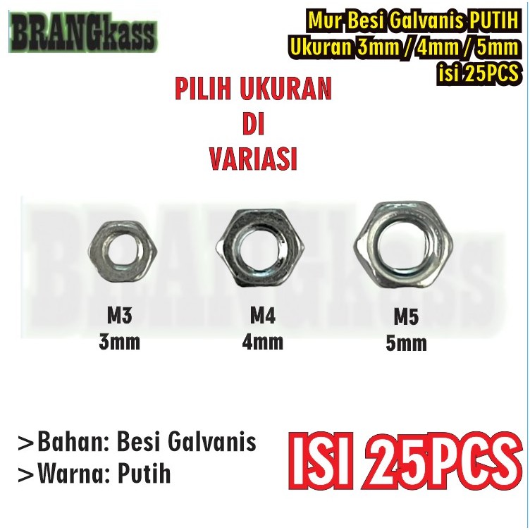 Jual 25PCS Mur Besi Galvanis PUTIH Ukuran 3mm / 4mm / 5mm / M3 / M4 / M5 | Shopee Indonesia