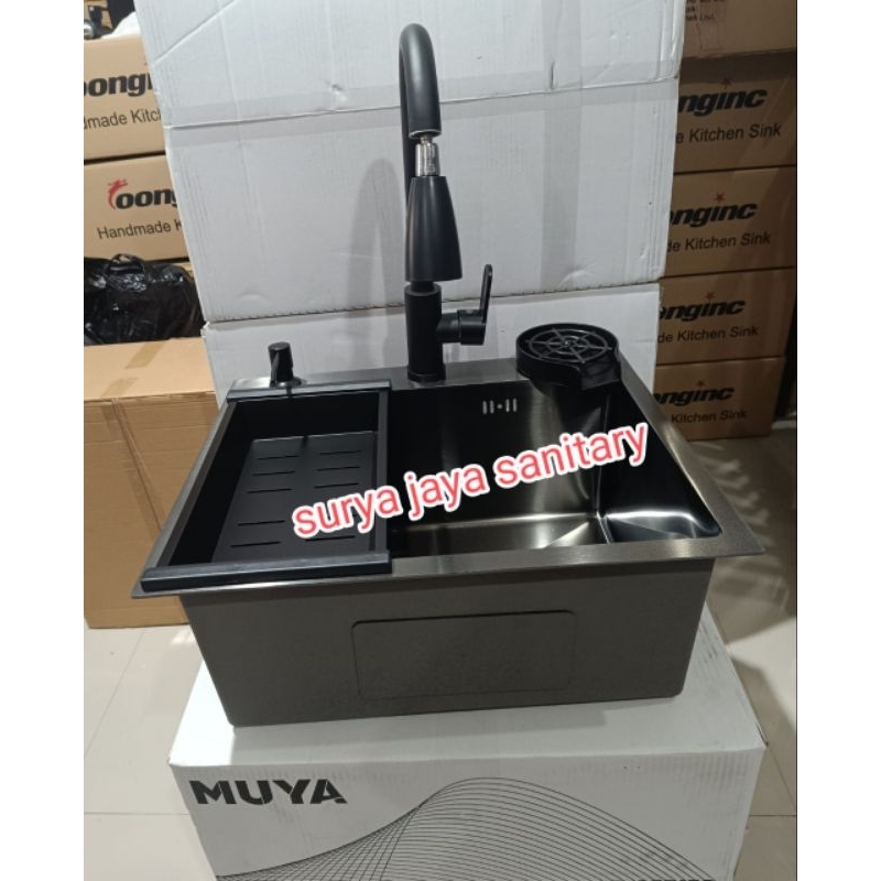 Jual Paket kitchen Sink muya 5243 hitam paket kran tarik + cucian gelas ...
