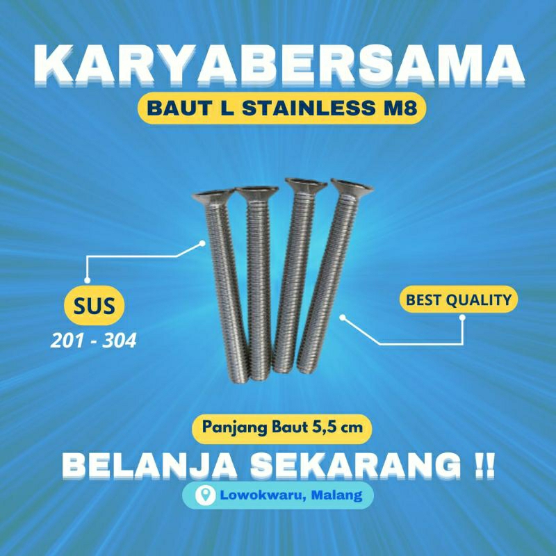 Jual Baut L Stainless / Baut Railing Tangga Stainless Kaca / Baut M8 Verseng Stainless | Shopee ...
