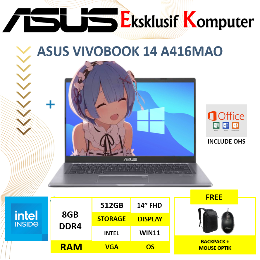Jual Laptop Asus Vivobook A416MAO Intel N4020 8GB 512GB SSD 14" FHD ...