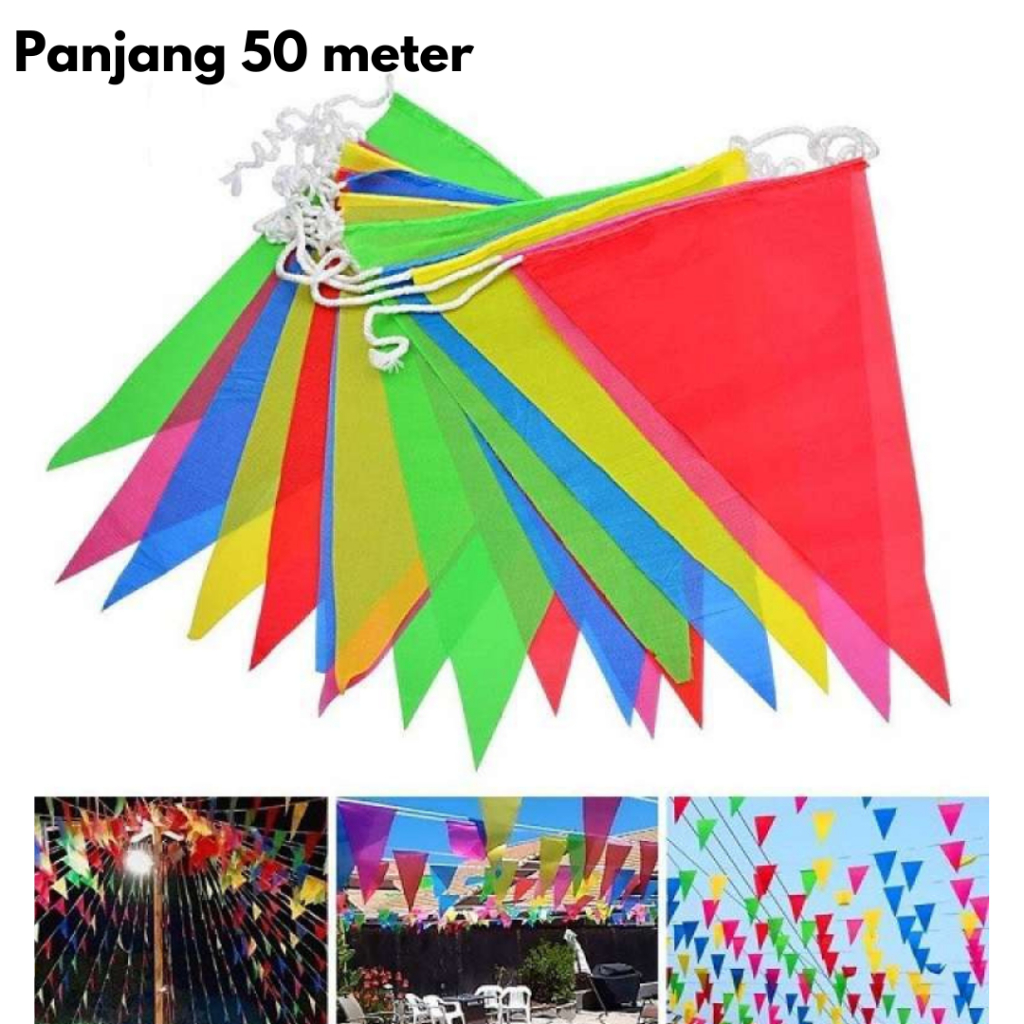 Jual promo 50 meter bendera segitiga warna-warni bendera karnaval umbul-umbul bendera kain ...
