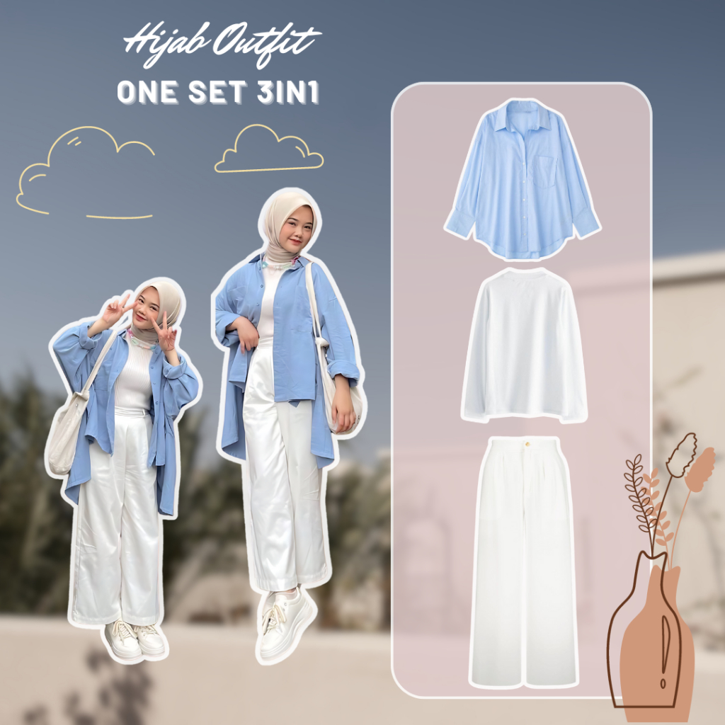 Jual 3in1 One Set Hijab Casual Style Kemeja oversize dengan inner putih ...