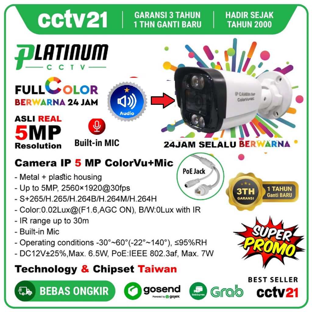 Jual IP Kamera - IP Camera POE 5MP ColorVu+Audio PLATINUM Full Color ...