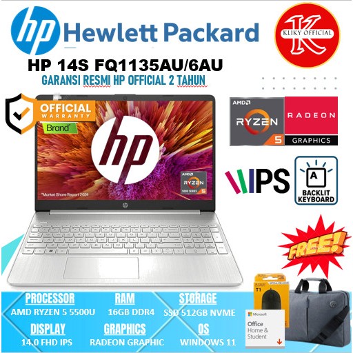 Jual Laptop Tipis HP 14S FQ1135AU/36AU Amd Ryzen 5 5500U RAM 16GB SSD ...