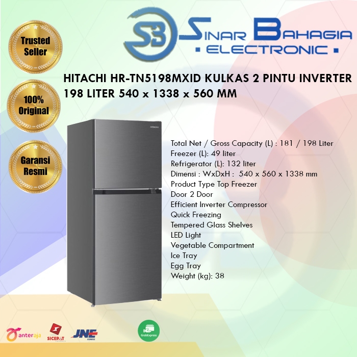 Jual HITACHI HR-TN5198MXID KULKAS 2 PINTU INVERTER 198 LITER 540 x 1338 x 560 MM (NEW) | Shopee ...