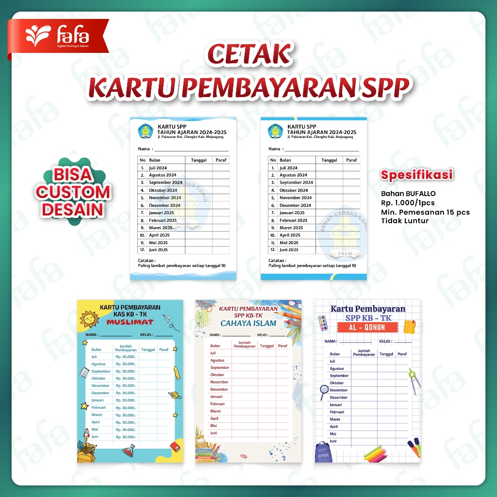 Jual Custom Kartu iuran pembayaran SPP KB-TK-SD Bimbel dll Desain Bebas ...