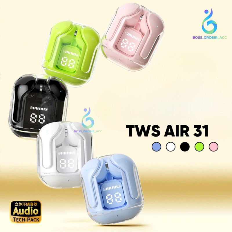 Jual Headset bluetooth TWS Air31 wirelles LED display tranparan Hifi ...