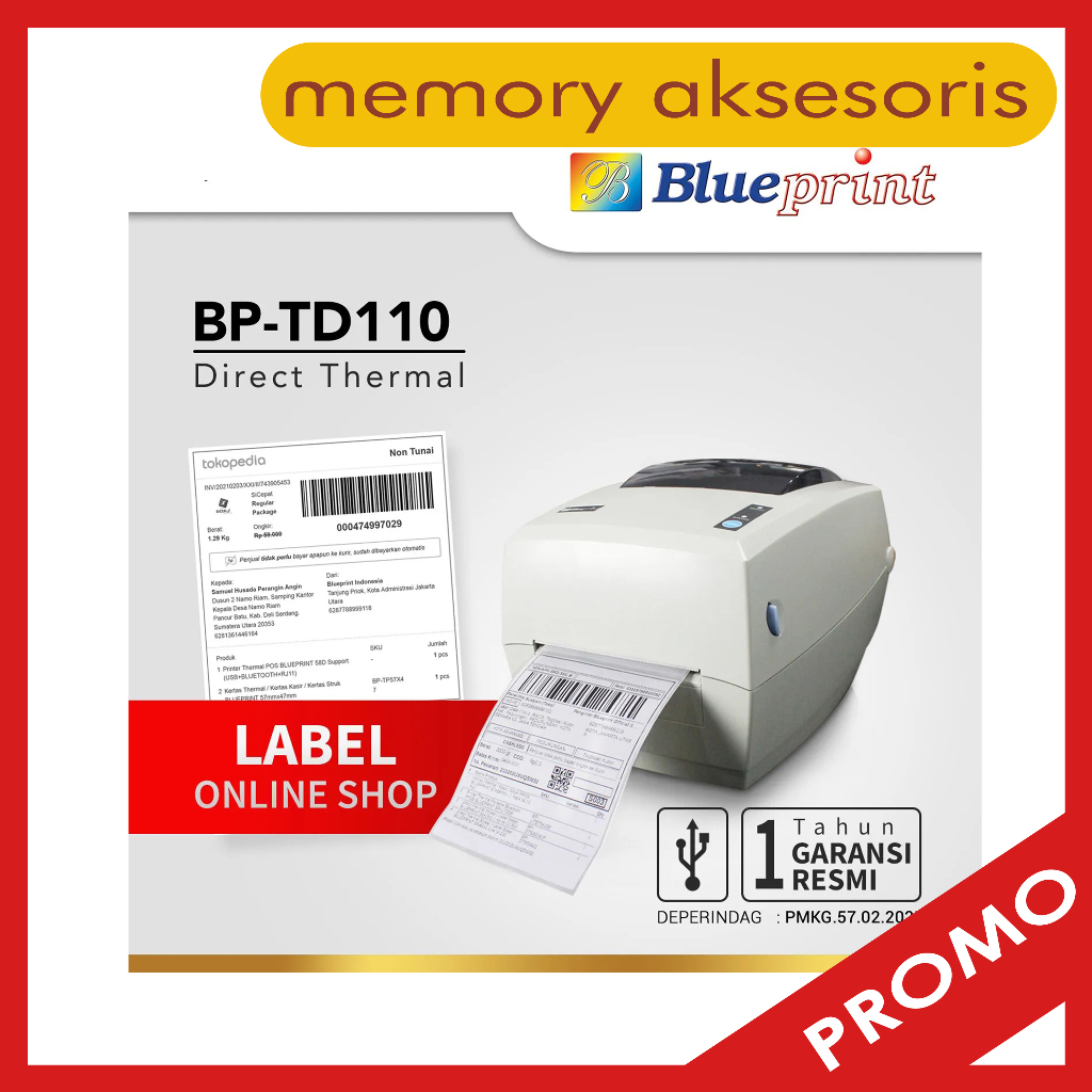Jual Printer Barcode Thermal / Printer Label Resi BLUEPRINT BP - TD110 ...