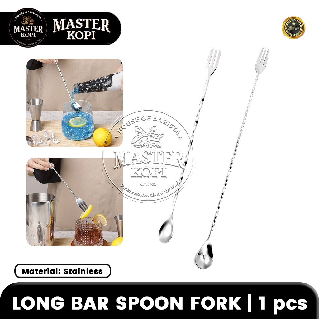 Jual Long Bar Spoon With Fork Sendok Pengaduk Cocktail Stainlees (1 pcs ...