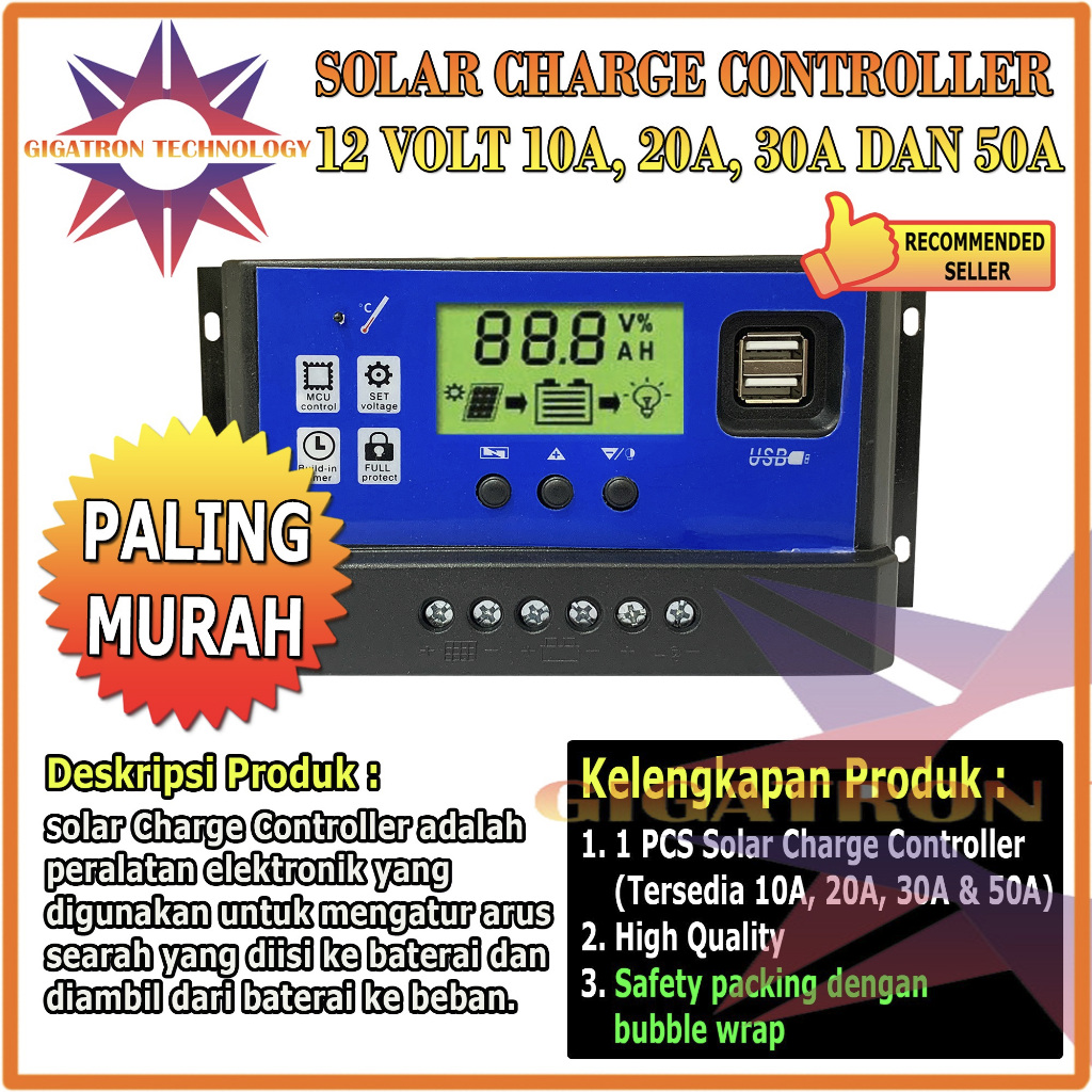 Jual Solar Charge Controller LCD LED Display Solar Cell PWM 12V 10A 20A 30A 50A USB Panel Surya ...