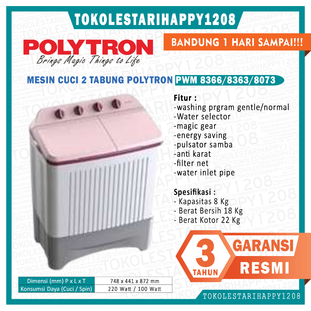 Jual Mesin cuci 2 tabung Polytron PWM 8366/8363/8073 Murah Garansi ...