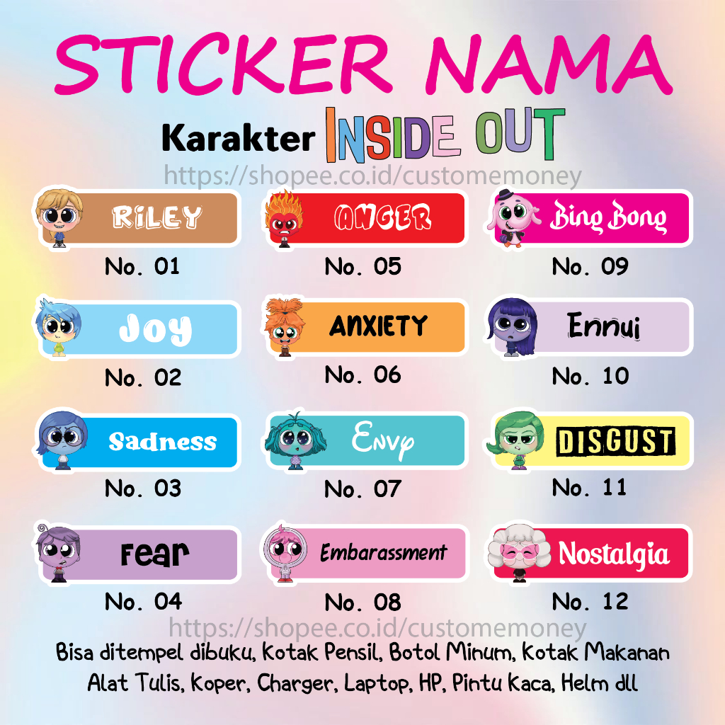 Jual STICKER LABEL NAMA KARAKTER KARTUN INSIDE OUT 2 CUTE LEBEL CUSTOM ...
