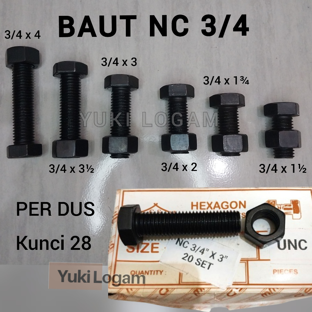 Jual 1 Dus baut mur NC 3/4 HEX hitam kunci 28 panjang 1 1/2 inchi sampai 6 inchi | Shopee Indonesia