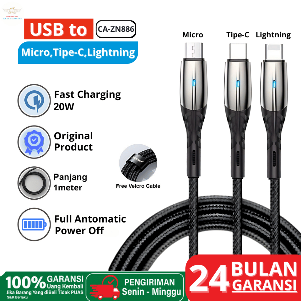 Jual RECRSI CA-ZN886 DATA KABEL MICRO USB TIPE C LIGHTNING | Shopee ...