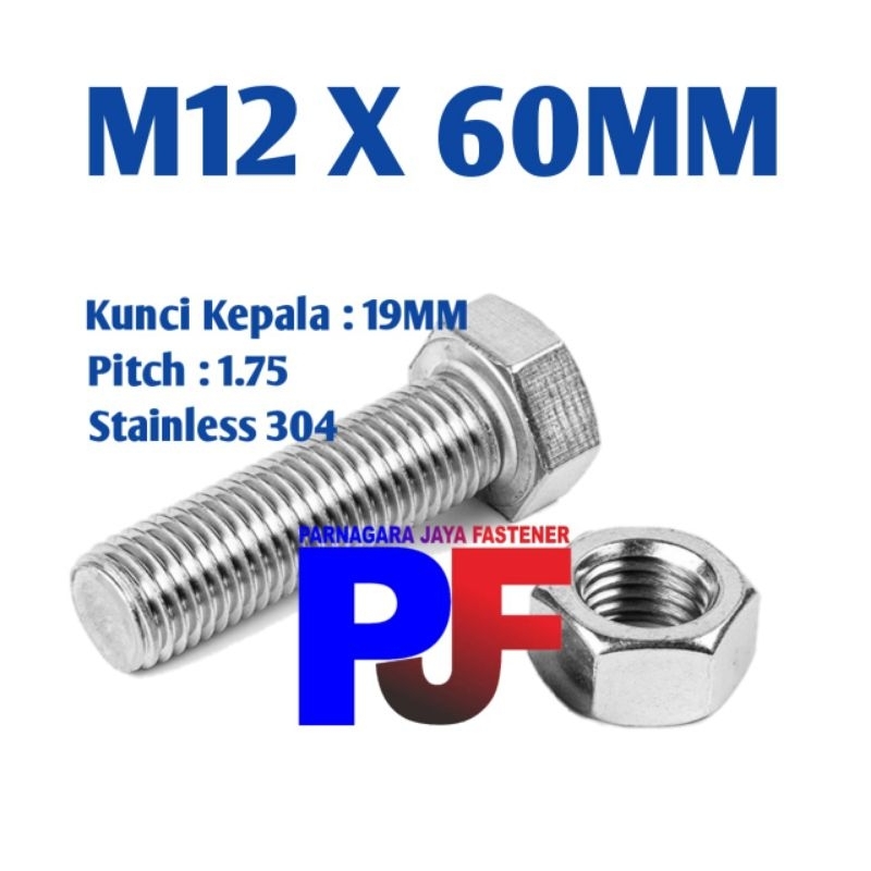 Jual Mur Baut / Bolt Nut M12 x 60 mm stainless Stainless 304 | Shopee Indonesia