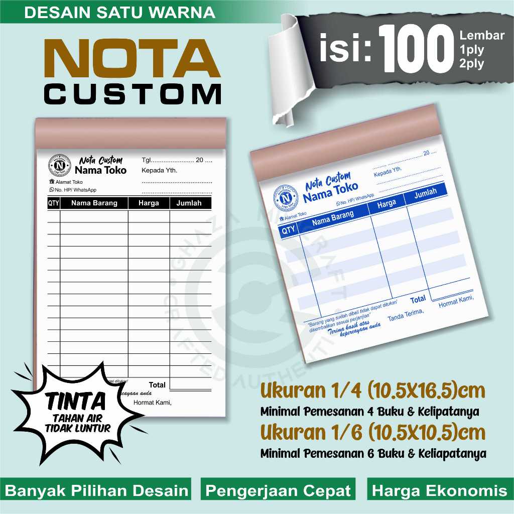 Jual Nota Custom 1/4 / 1/6 Portrait Landscape Folio 1 Ply 2 Ply Bahan ...