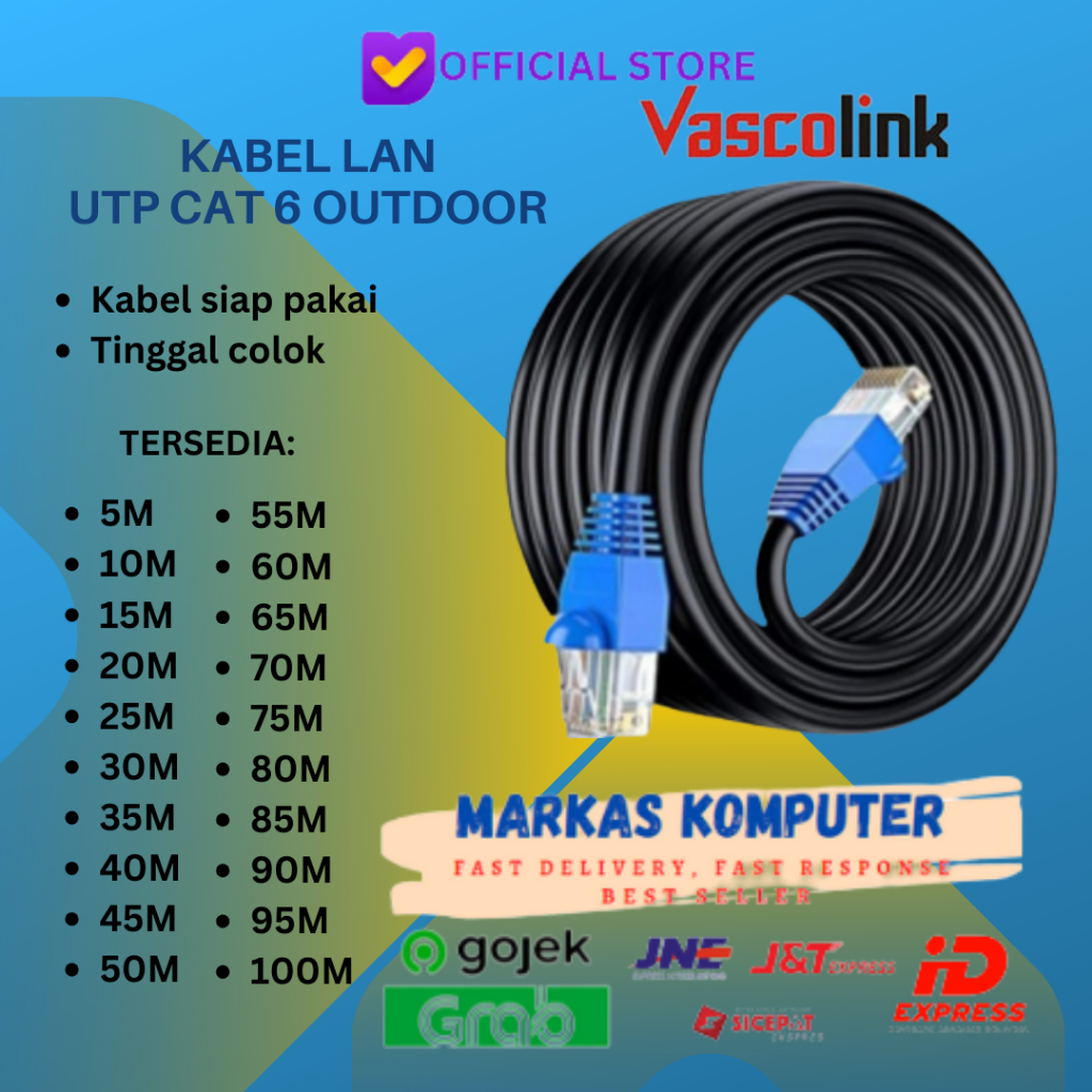 Jual Kabel LAN OUTDOOR VASCOLINK UTP CAT6 CAT 6 Siap Pakai HITAM 55M - 100M | Shopee Indonesia