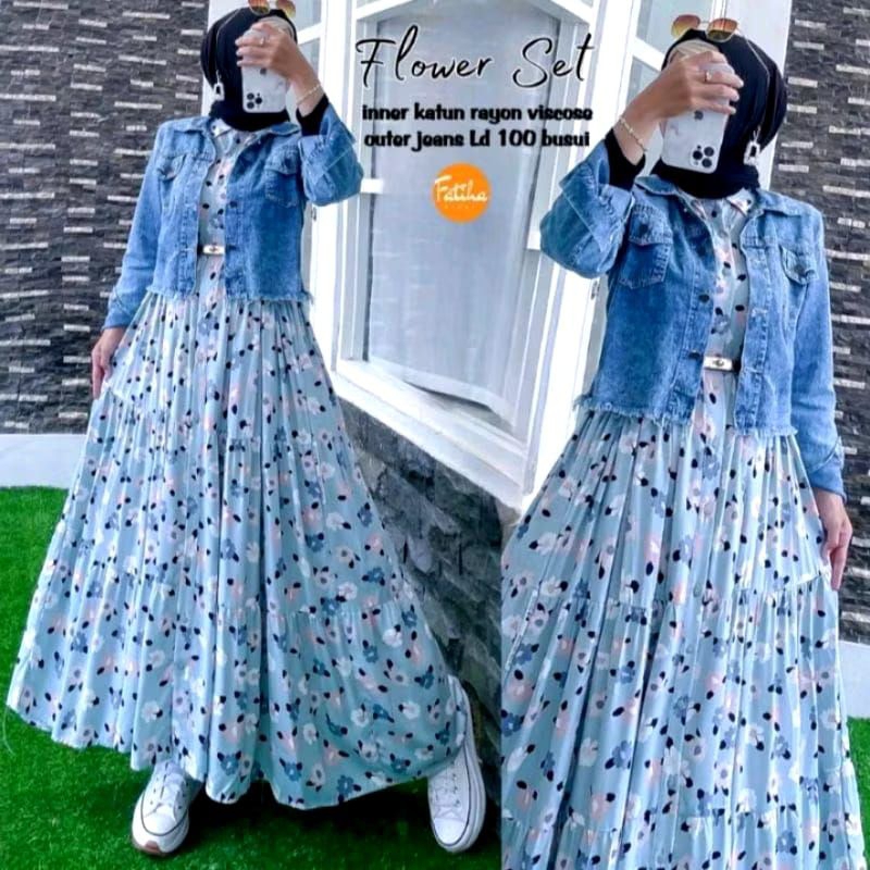Jual SETELAN DRESS DAN OUTER JEANS MOTIF COMBINASI | Shopee Indonesia