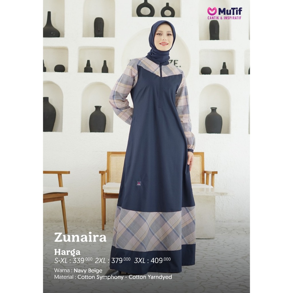 Jual ES - (COD) MUTIF ZUNAIRA NAVY Beige 3XL - Gamis Katun ORI MUTIF ...