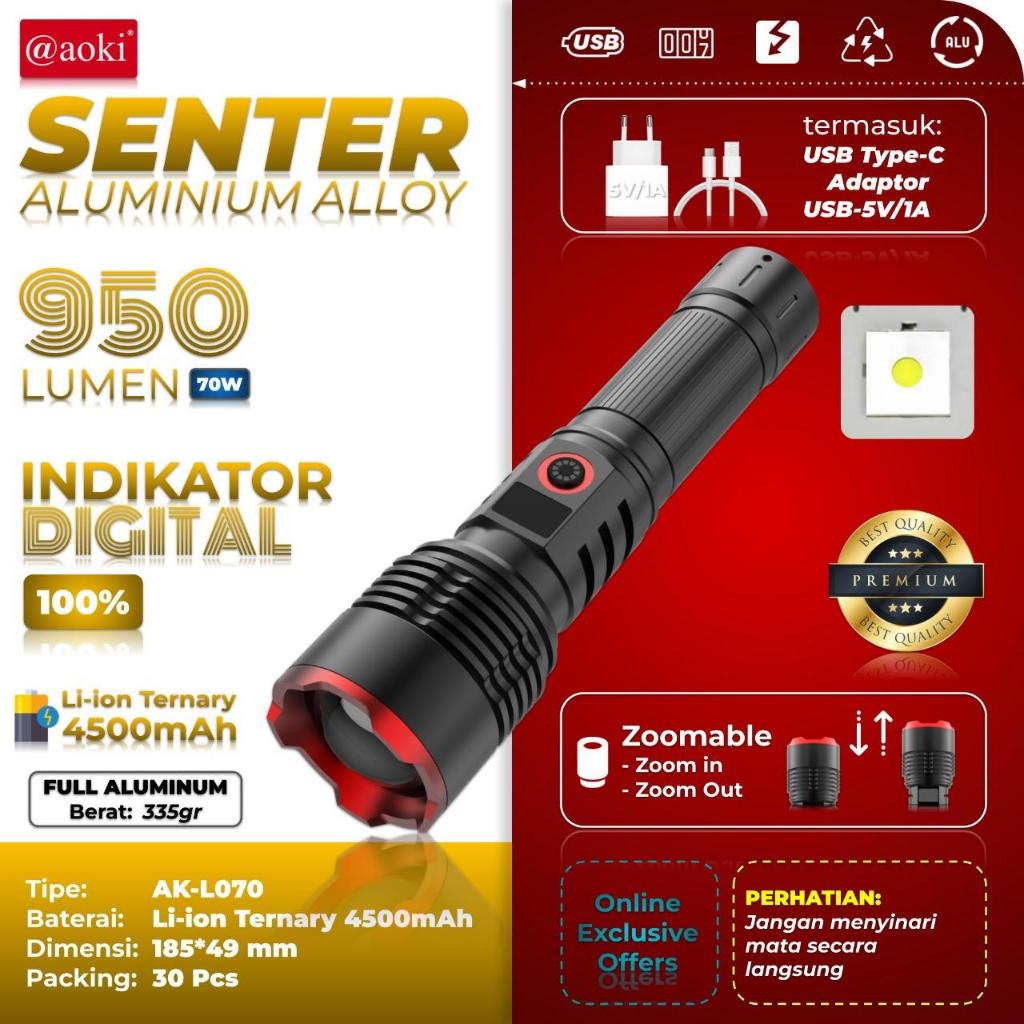 Jual Senter Tangan LED Zoom 70 Watt 950 Lumen Aoki AK-L070 Cahaya Putih Waterproof Super Terang ...