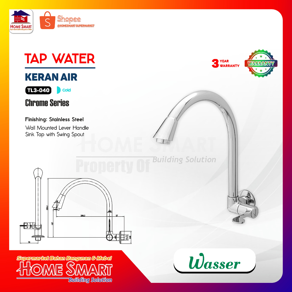 Jual WASSER TL3-040 (LEVER TALL SWING SPOUT COLD TAP WALL) | Shopee ...