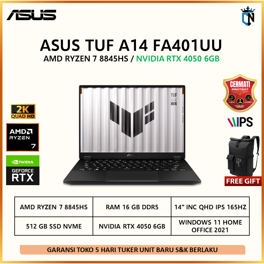 Jual Asus TUF A14 FA401UU AMD Ryzen 7-8845HS RTX4050 16GB 512GB W11 OHS ...