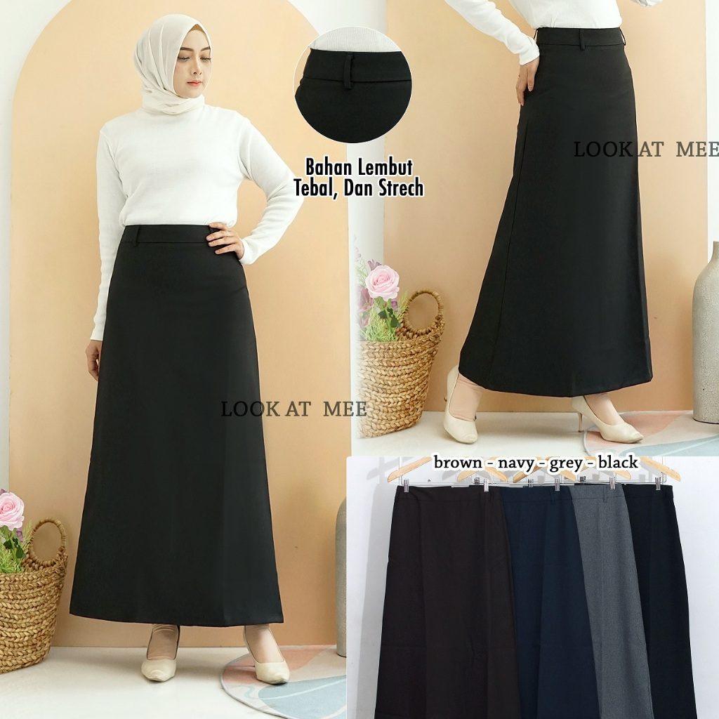 Jual Rok panjang A Line mewah hitam pekat halus Rok Kerja Rok Sekolah ada Rok Pinggang Karet ...