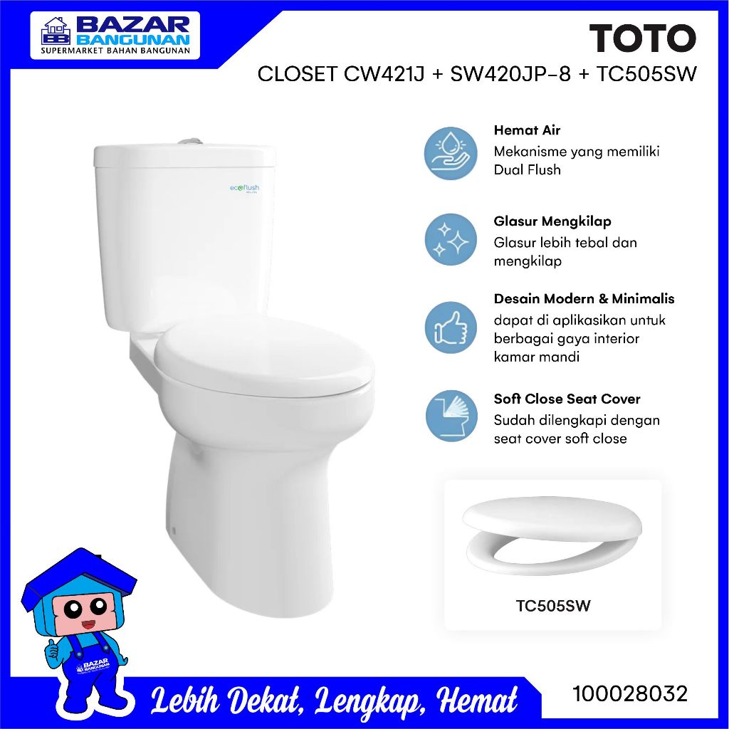 Jual Toto – Closet Kloset Toilet Duduk CW 421 J JP CW421J CW421JP Dual Flush Soft Closing Jarak ...