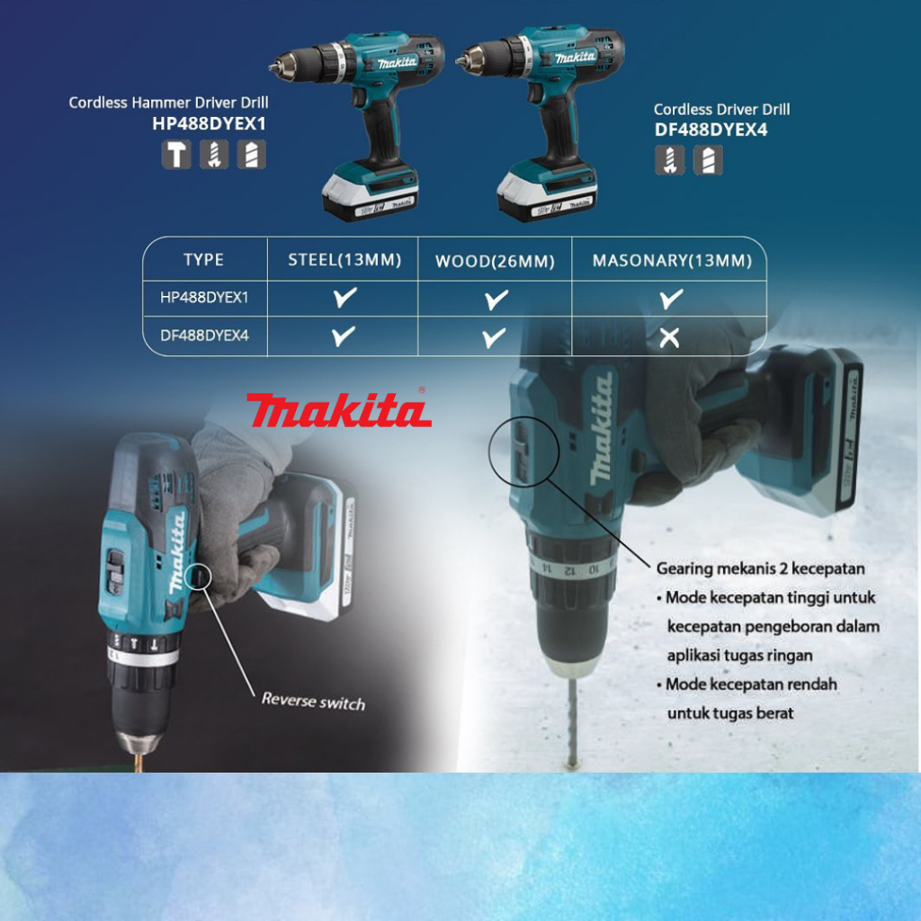 Jual Mesin Bor Makita Cordless Set 13mm DF 488 D / HP 488 D | Shopee ...