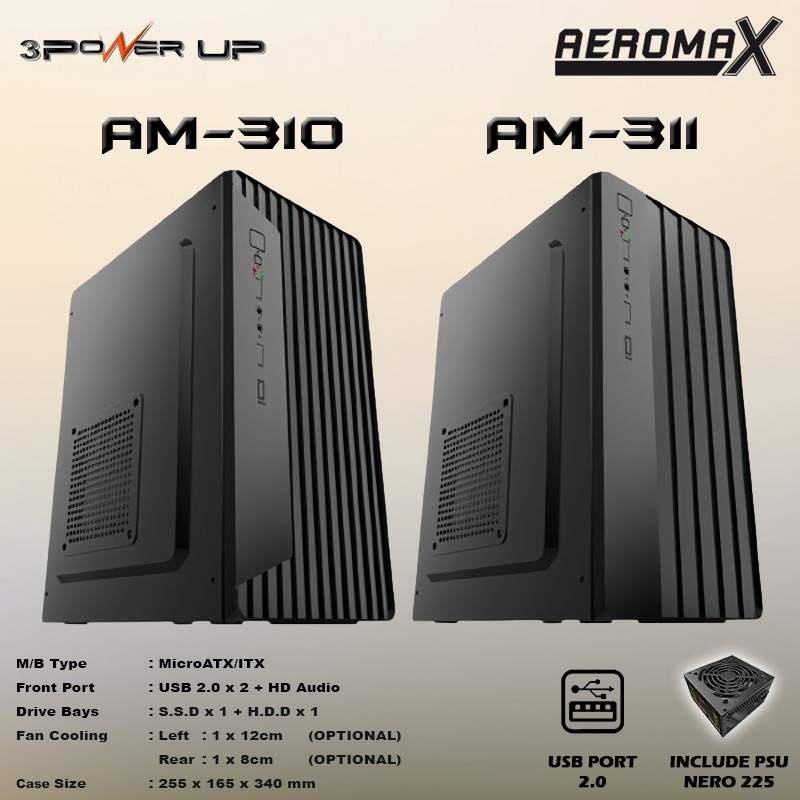 Jual Casing PC 3 Power Up AEROMAX AM-310 & AM-311 with PSU NERO-225 500Watt Micro-ATX/Mini-ATX ...