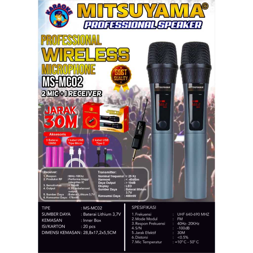 Jual Mic Wireless 2 Mic MS MC02 Mitsuyama/Mic Professional Bagus Awet Murah/Mic Karaoke/Mic ...