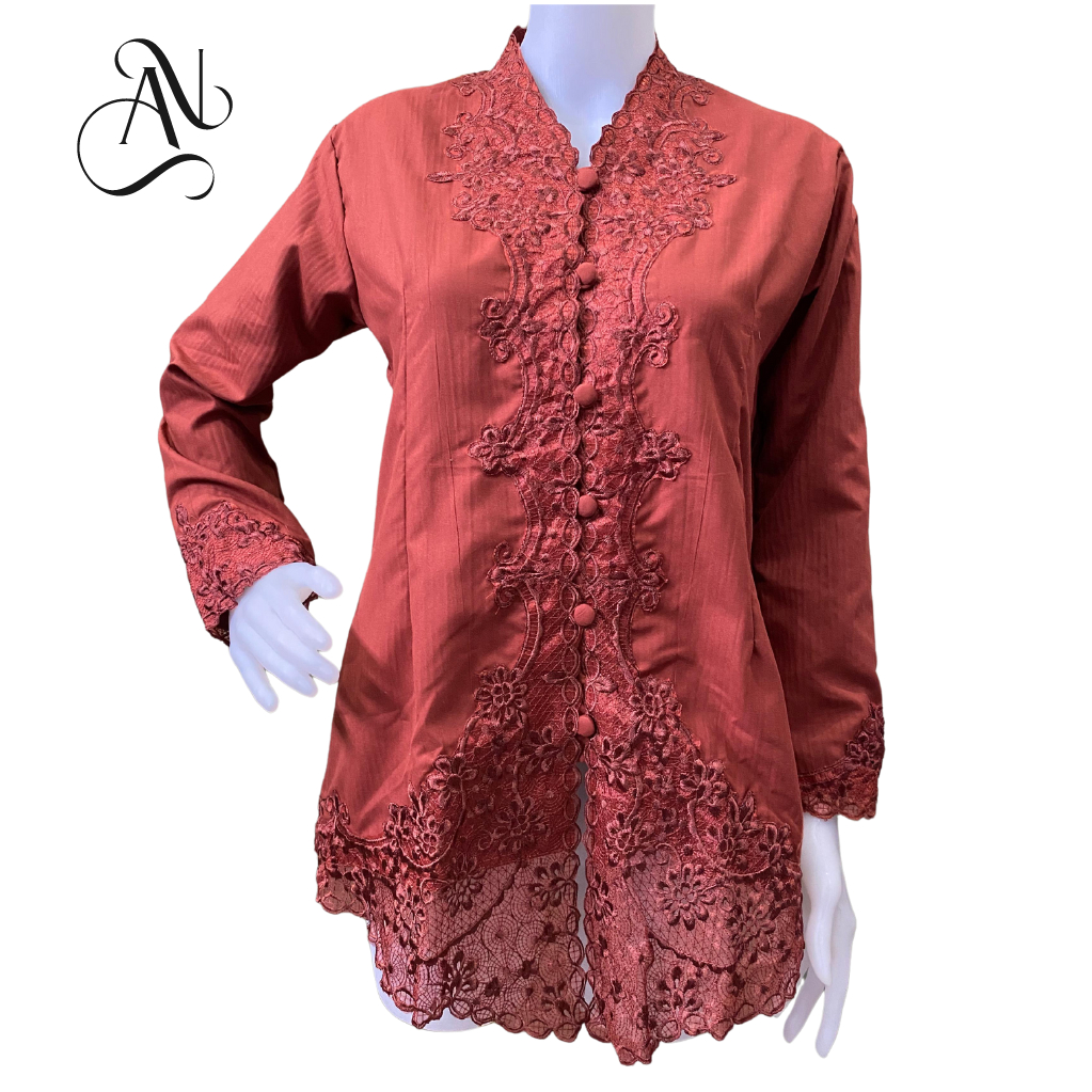Jual Kebaya Encim Modern Merah Bata Senada Motip Bunga Polos Bordir ...