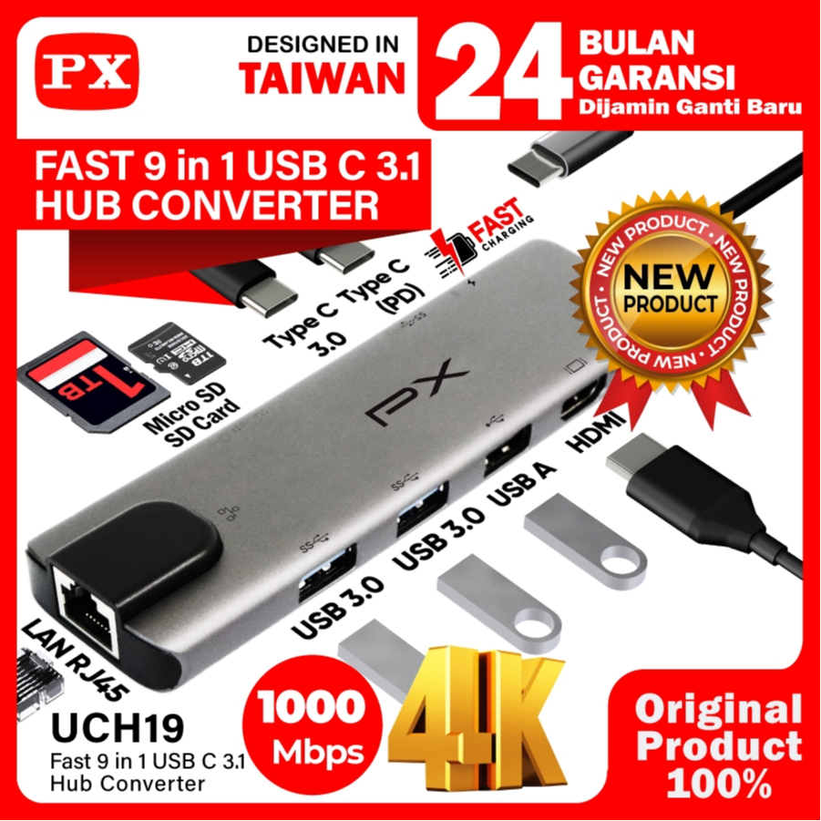 Jual USB Hub Converter Type C 3.1 HDMI LAN SD Card Laptop 9 in 1 PX UCH19 | Shopee Indonesia