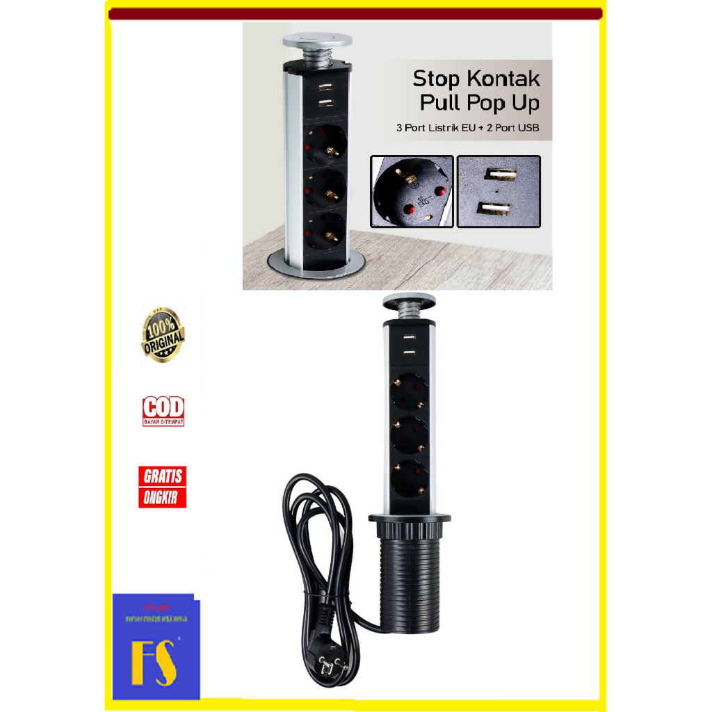 Jual Stop Kontak Pull Pop Up 3 Electric Plug Socket 2 USB Port EU - PDU ...