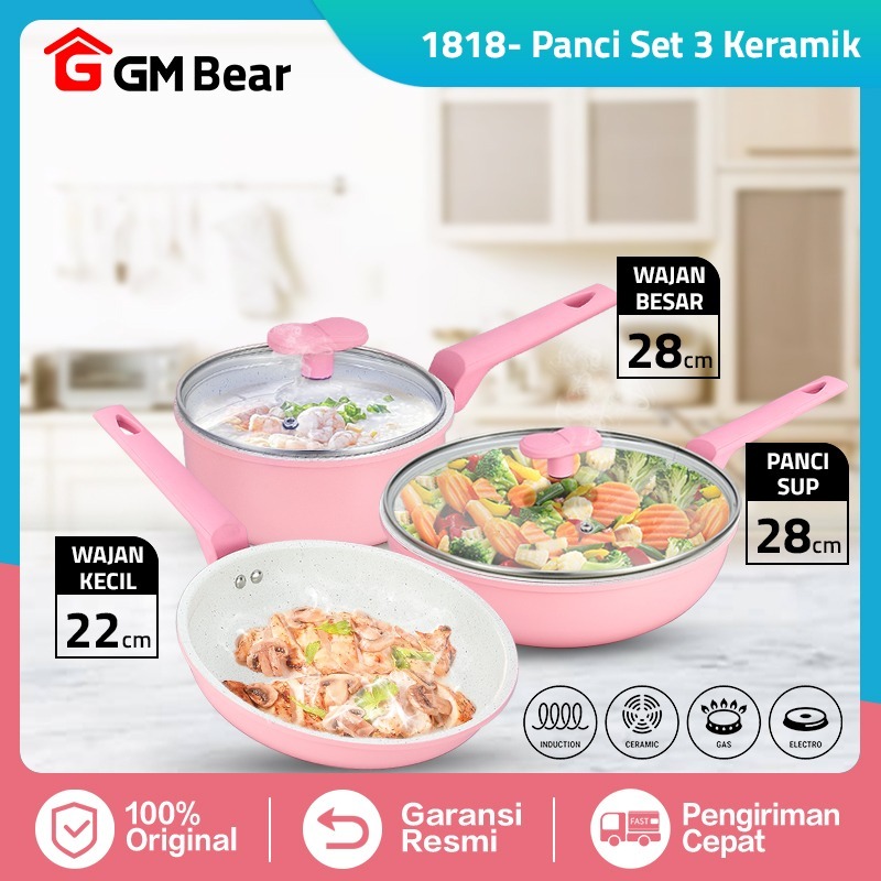 Jual GM Bear Panci Set Cookware P0410 - Wajan Penggorengan Keramik 3Pcs Dengan Tutup Anti ...
