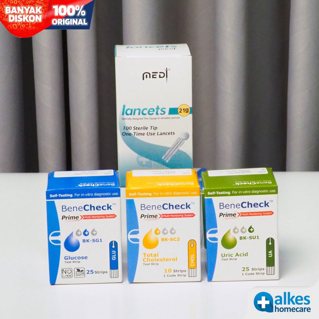 Jual PAKET Strip Benecheck PRIME (CHOL, UA & GLU) dan Jarum lancet 28g ...