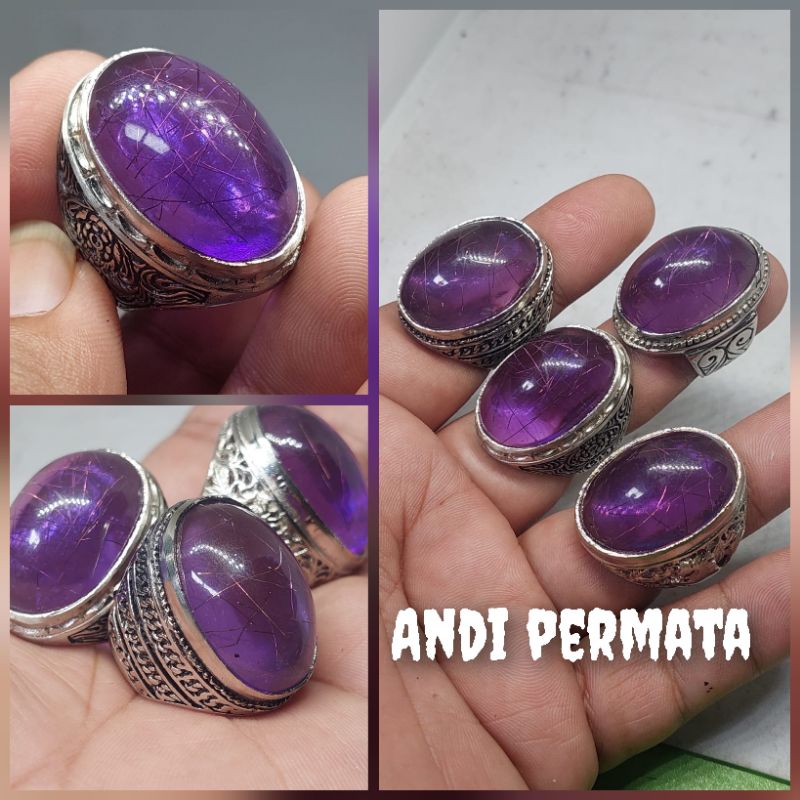 Jual Cincin batu kecubung ungu amethyst rambut emas ring alpaka | Shopee Indonesia