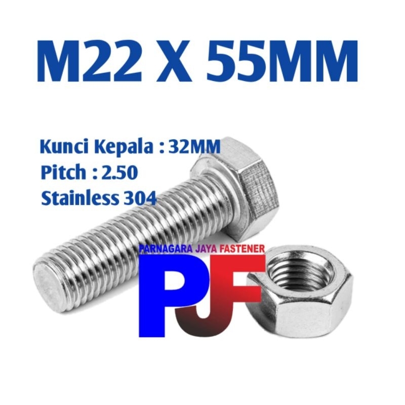 Jual Mur Baut / Bolt Nut M22 x 55 mm Stainless Steel 304 | Shopee Indonesia