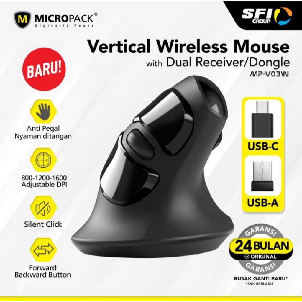 Jual MICROPACK MOUSE WIRELESS VERTICAL - DUAL RECEIVER USB-A & USB-C ...