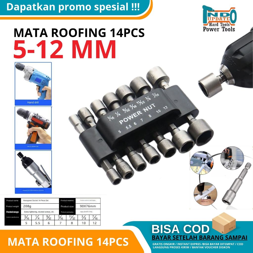 Jual JLD Mata Shock 14pcs Hex Power Nut 5-5.5-6-7-8-10-12mm 3/16inch - 7/16inch Kunci socket set ...