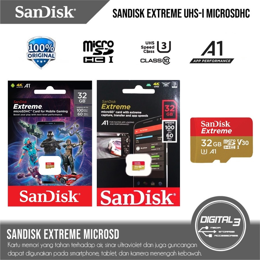 Jual Sandisk Extreme MicroSDHC 32GB 100MB/s Micro SD A1 V30 UHS-1 32 GB Original | Shopee Indonesia