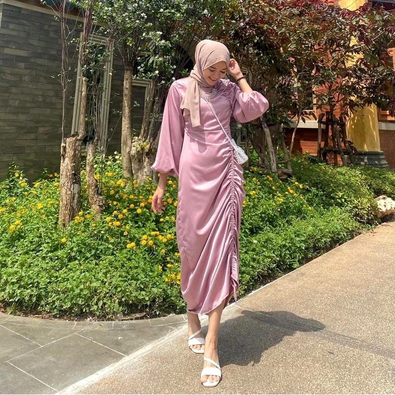 Jual [COD] Dress Satin Silk Full Serut Long // Dress Kondangan ...
