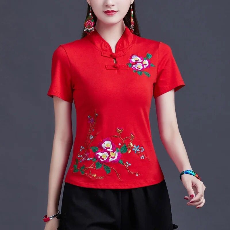 Jual atasan baju cheongsam Shanghai Imlek wanita serba merah | Shopee ...