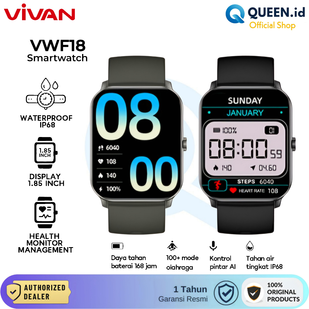 Jual VIVAN VWF18 AI Smartwatch 1.85" Display SpO2 Smart Notification ...