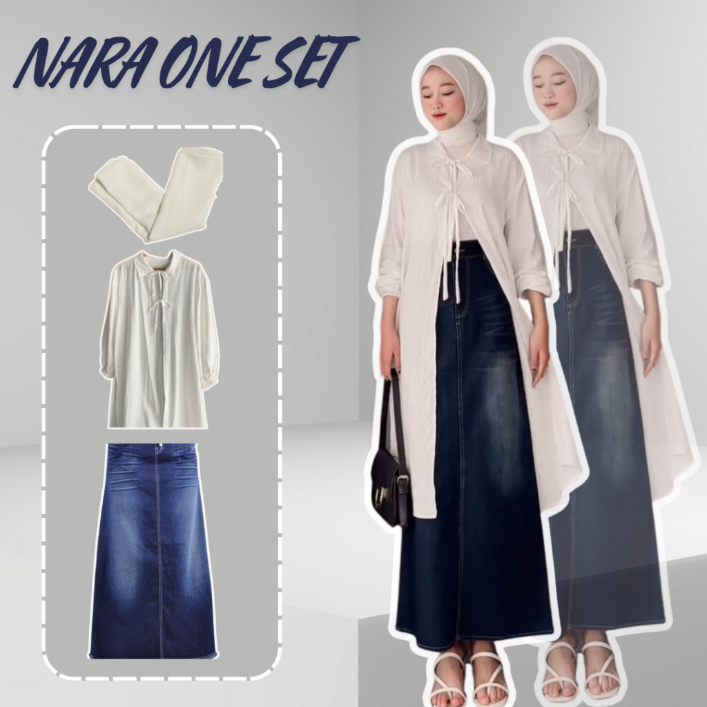 Jual Setelan Nara One Set OOTD Kekinian Outer Tunik +Rok Jeans Span ...