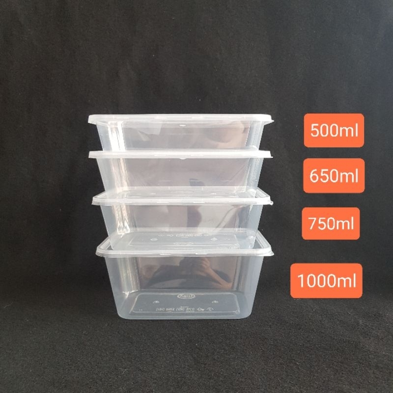 Jual 25pcs Thinwall Rectangle HIBA 500ml 650ml 750ml 1000ml +Tutup Bening / Kotak Makan Plastik ...
