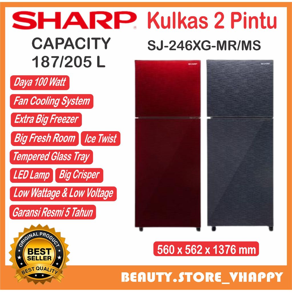 Jual Kulkas 2 pintu SHARP 187/205 Liter SJ-246XG-MR/MS Shine Glass Door Series Garansi Resmi ...