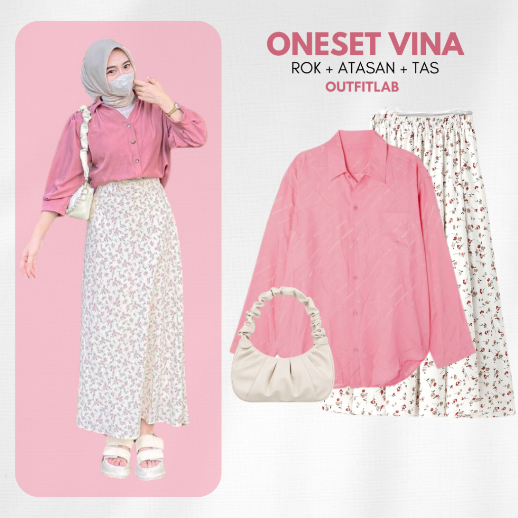 Jual Outfit Set Vina Hijab Wanita Dress Blouse Rok Skrit Bunga Free Tas ...