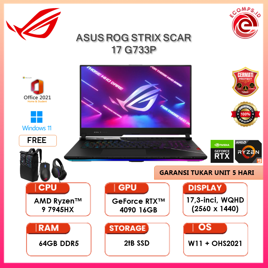 Jual Asus ROG Strix Scar 17 G733P RTX4090 16GB/ Ryzen 9 7945HX 64GB 2TB ...