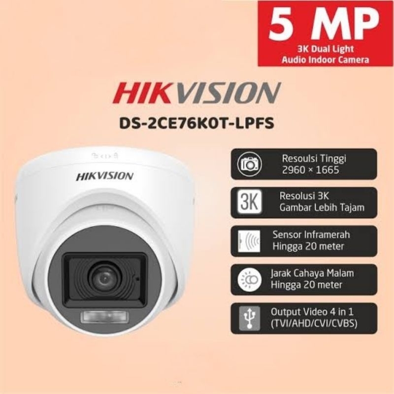 Jual Kamera｜CCTV Hikvision DS-2CE76K0T-LPFS Dual Light 3K 5MP Indoor Built-in Audio | Shopee ...